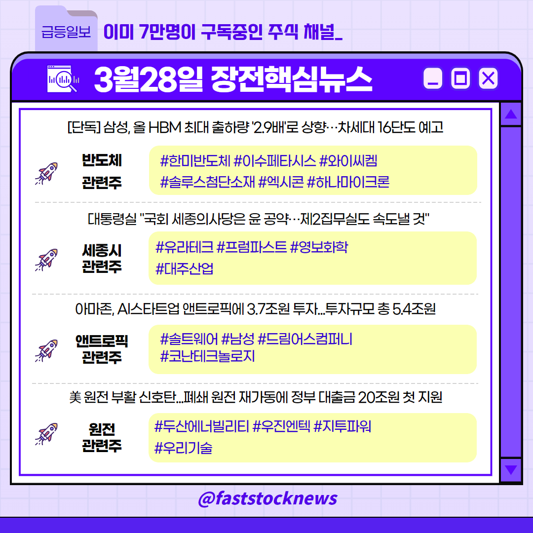 3월 28일 목 급등일보 돈이 될 장전뉴스 And 관심종목 한미반도체 이수페타시스 와이씨켐 유라테크 프럼파스트